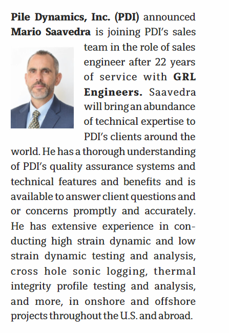 Mario Saavedra Announced as Sales Engineer for PDI - Pile Dynamics, Inc.